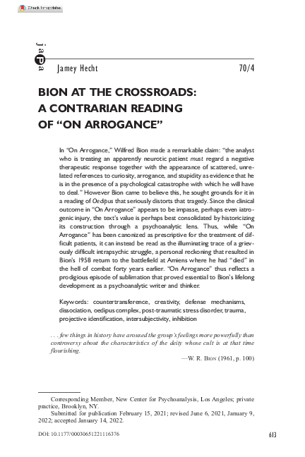 (PDF) Bion at the Crossroads: A Contrarian Reading of “on Arrogance”