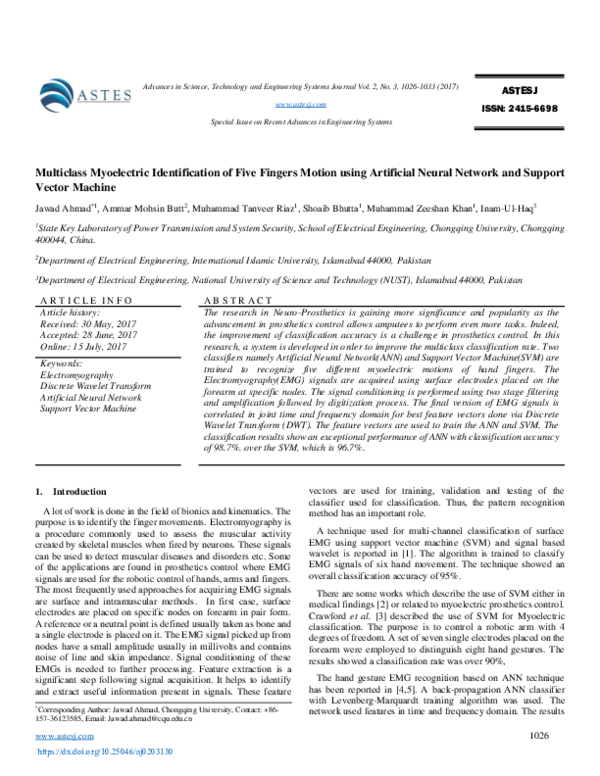 (PDF) Multiclass Myoelectric Identification of Five Fingers Motion using Artificial Neural ...