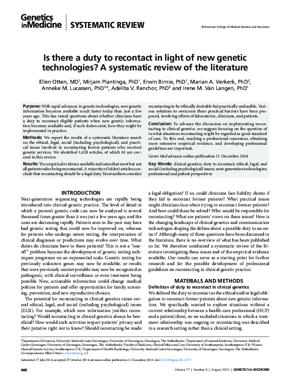 (PDF) Is there a duty to recontact in light of new genetic technologies ...