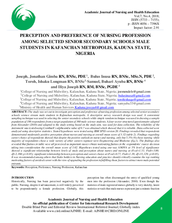 (PDF) PERCEPTION AND PREFERENCE OF NURSING PROFESSION AMONG SELECTED SENIOR SECONDARY SCHOOLS ...