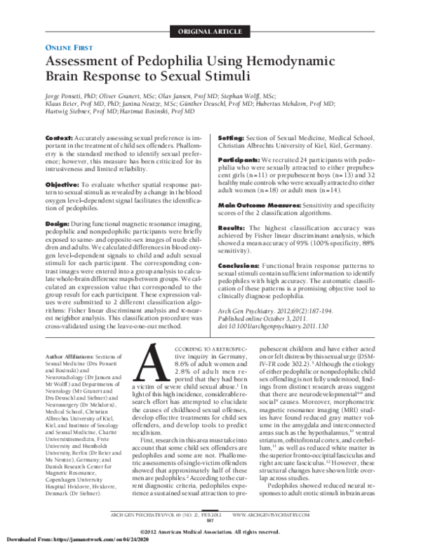(PDF) Assessment of Pedophilia Using Hemodynamic Brain Response to ...