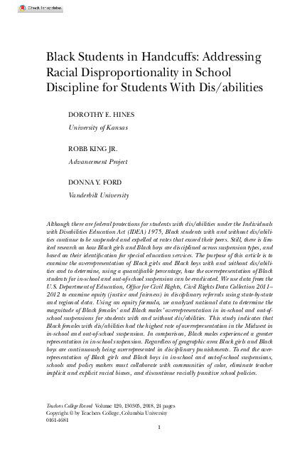 Black Students in Handcuffs: Addressing Racial Disproportionality in ...