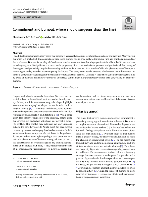 (PDF) Commitment and burnout: where should surgeons draw the line ...