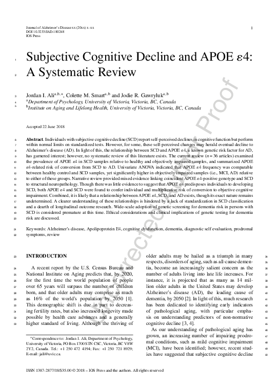 (PDF) Subjective Cognitive Decline and APOE ɛ4: A Systematic Review