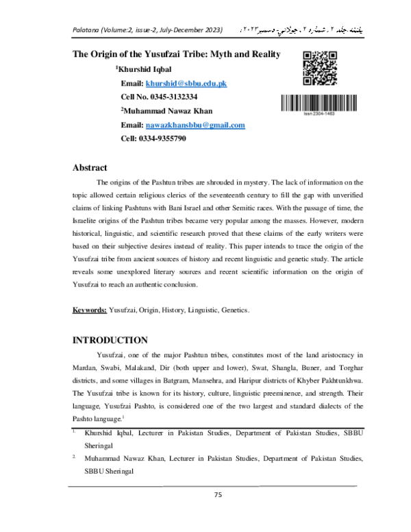 (PDF) The Origin of the Yusufzai Tribe: Myth and Reality