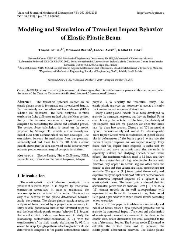 (PDF) Modeling and Simulation of Transient Impact Behavior of Elastic-Plastic Beam | Khalid El ...