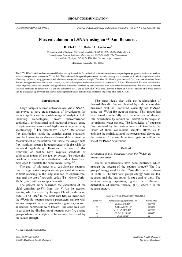 (PDF) Flux calculation in LSNAA using an 241Am-Be source | Rachid ...