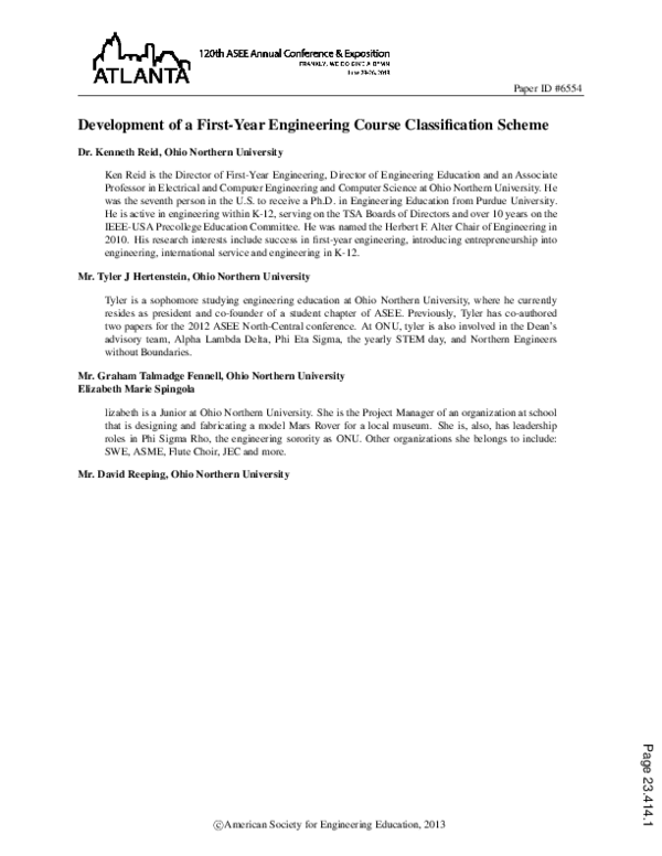 (PDF) Development of a First-Year Engineering Course Classification Scheme