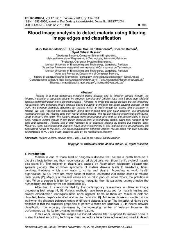 (PDF) Blood image analysis to detect malaria using filtering image edges and classification ...