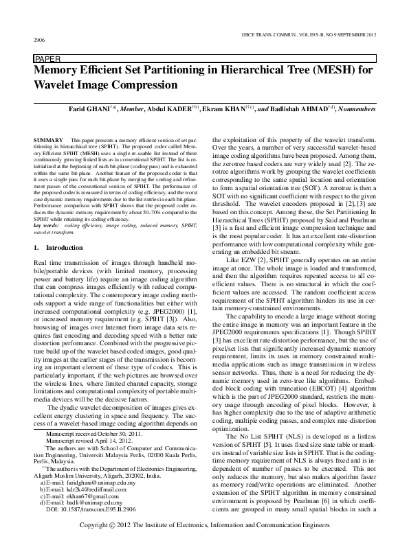 Pdf Memory Efficient Set Partitioning In Hierarchical Tree Mesh For Wavelet Image
