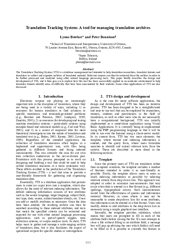 (PDF) Translation Tracking System: A tool for managing translation archives