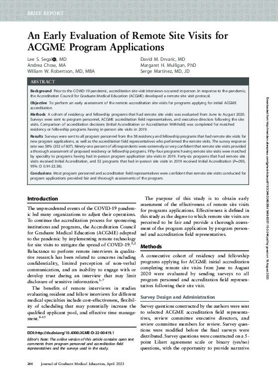 (PDF) An Early Evaluation of Remote Site Visits for ACGME Program ...