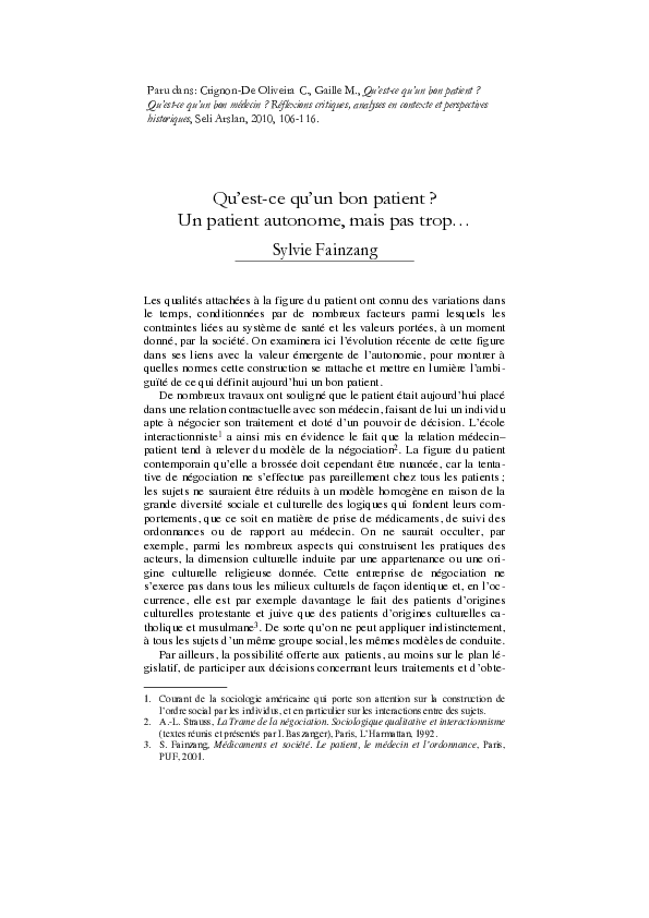 (PDF) Qu'est-ce qu'un bon patient ? Un patient autonome, mais pas trop