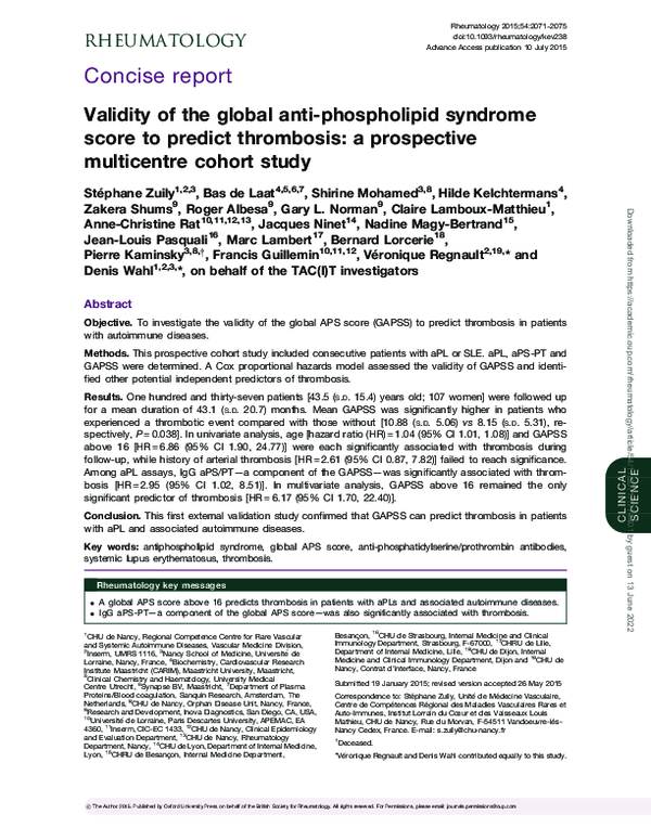 (PDF) Validity of the global anti-phospholipid syndrome score to ...