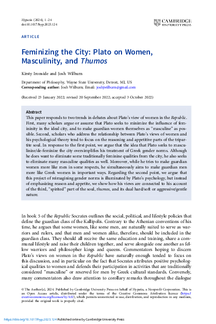 (PDF) Feminizing the City: Plato on Women, Masculinity, and Thumos