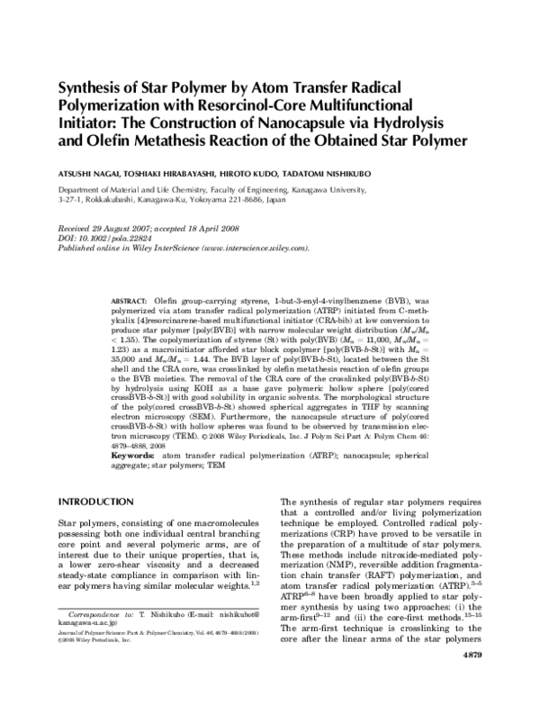 (PDF) Synthesis of star polymer by atom transfer radical polymerization with resorcinol‐core ...