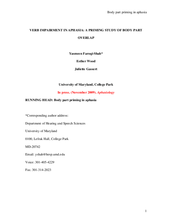(PDF) Verb impairment in aphasia: A priming study of body-part overlap