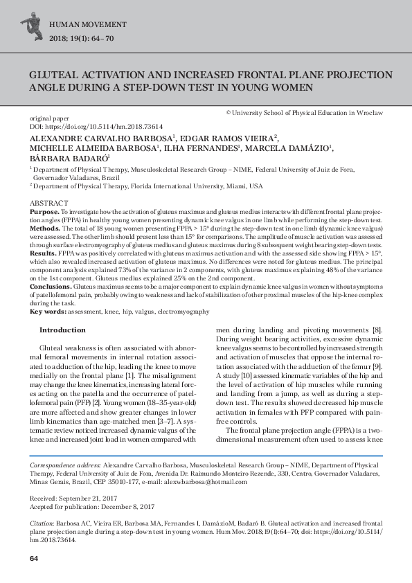 (PDF) Gluteal activation and increased frontal plane projection angle ...
