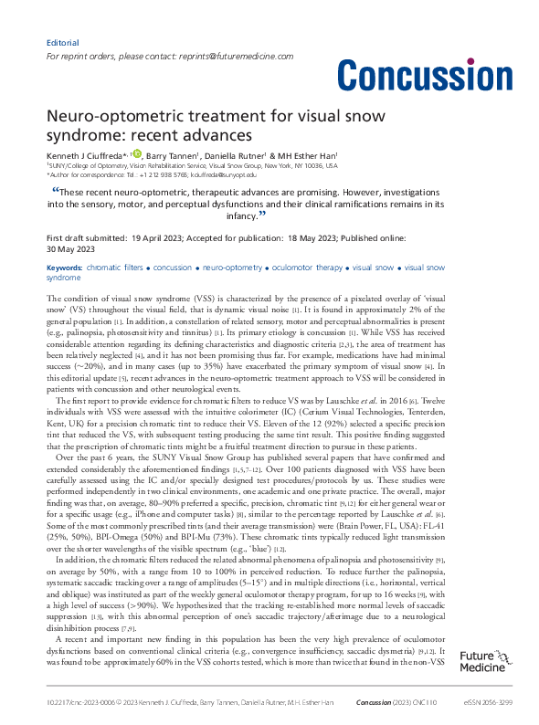 (PDF) Neuro-optometric treatment for visual snow syndrome: recent advances