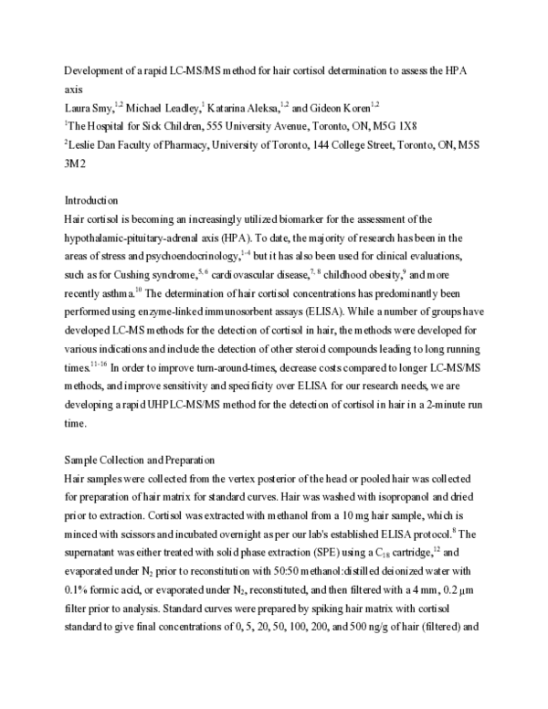 (PDF) Development of a rapid LC–MS/MS method for hair cortisol determination to assess the HPA axis