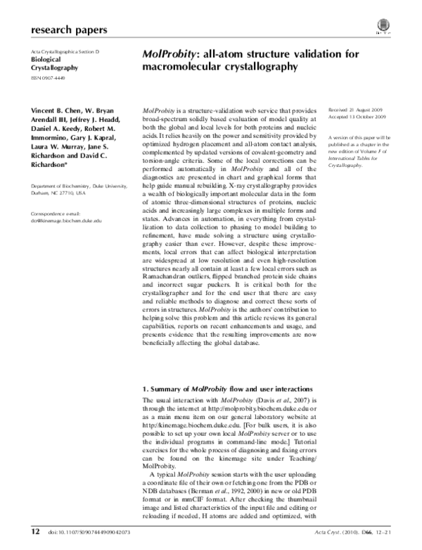 (PDF) MolProbity: all-atom structure validation for macromolecular crystallography