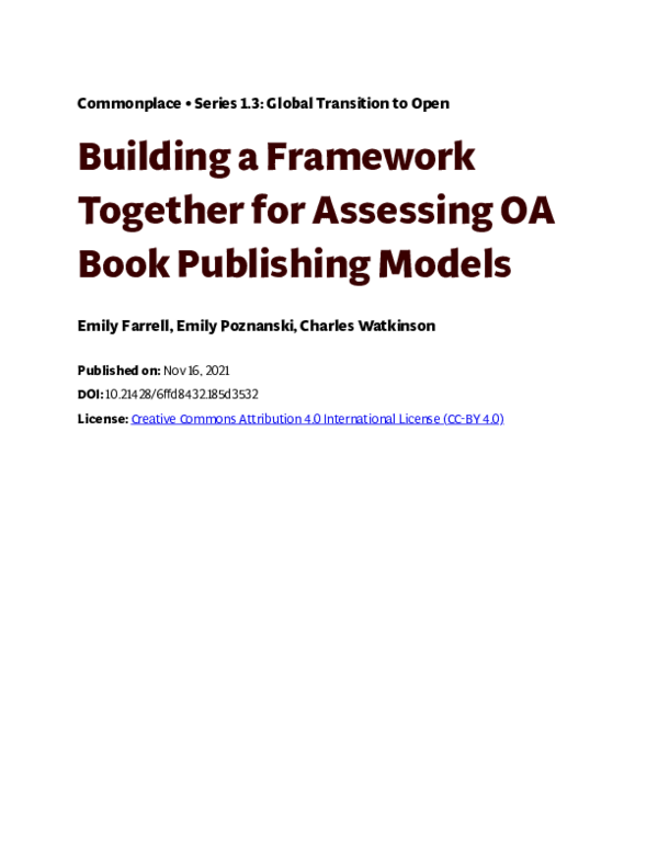 (PDF) Building a Framework Together for Assessing OA Book Publishing Models