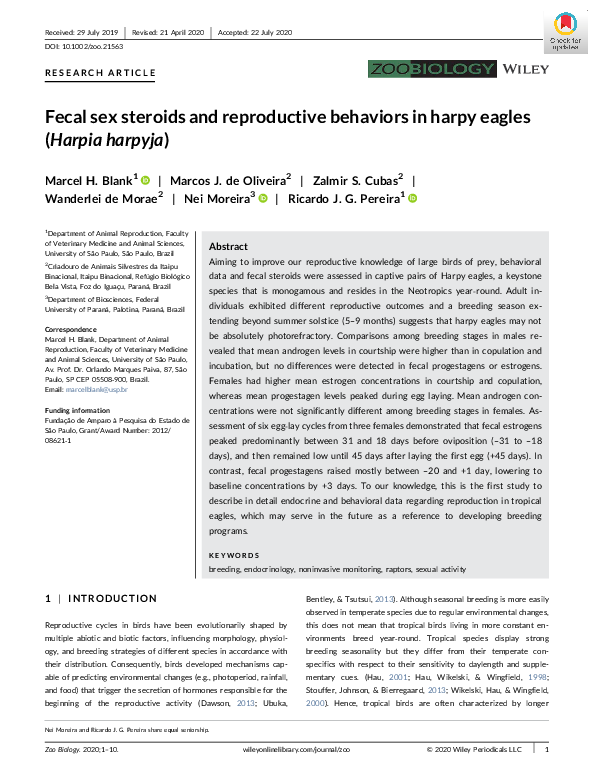 (PDF) Fecal sex steroids and reproductive behaviors in harpy eagles ( Harpia harpyja )