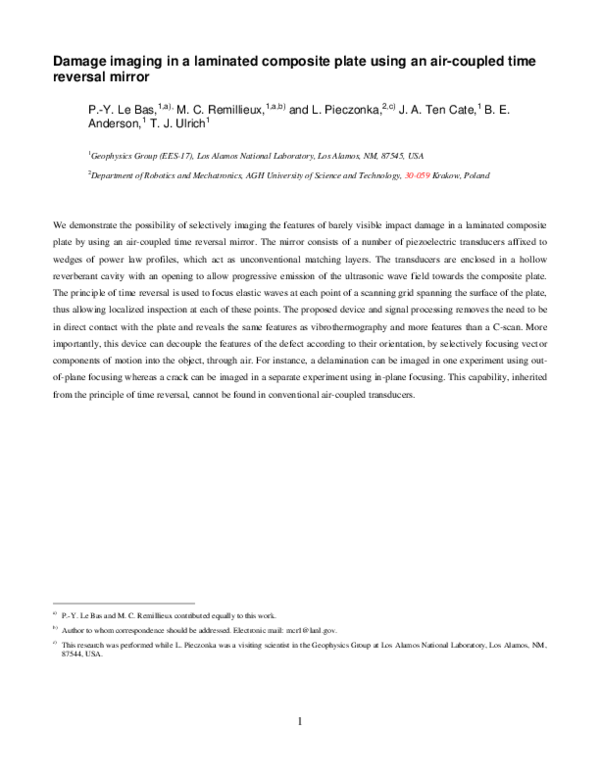 (PDF) Damage imaging in a laminated composite plate using an air-coupled time reversal mirror