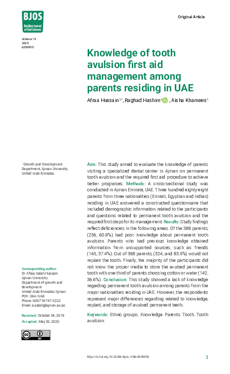 (PDF) Knowledge of tooth avulsion first aid management among parents ...