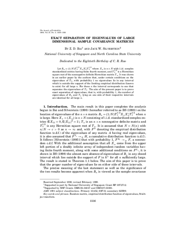Pdf Exact Separation Of Eigenvalues Of Large Dimensional Sample