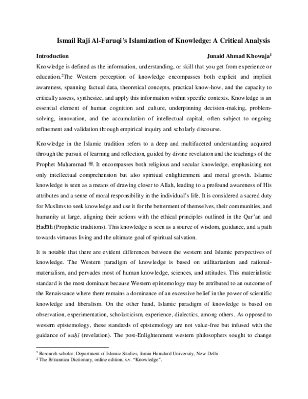 (PDF) Ismail Raji Al-Faruqi's Islamization of Knowledge: A Critical ...
