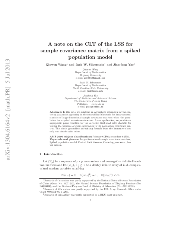 (PDF) A note on the CLT of the LSS for sample covariance matrix from a ...