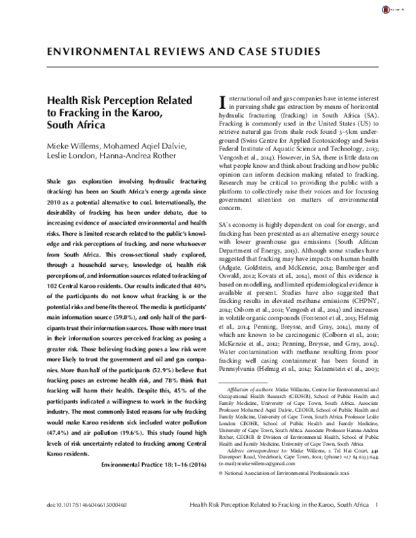 (PDF) Fracking Health Risk Perception in South Africa
