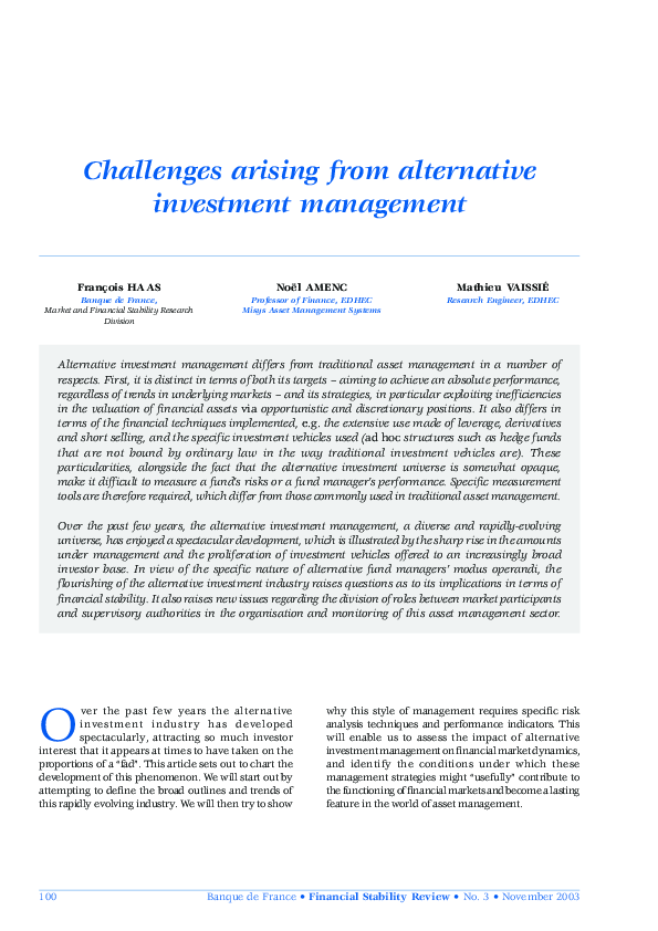 (PDF) Challenges in Alternative Investment Management