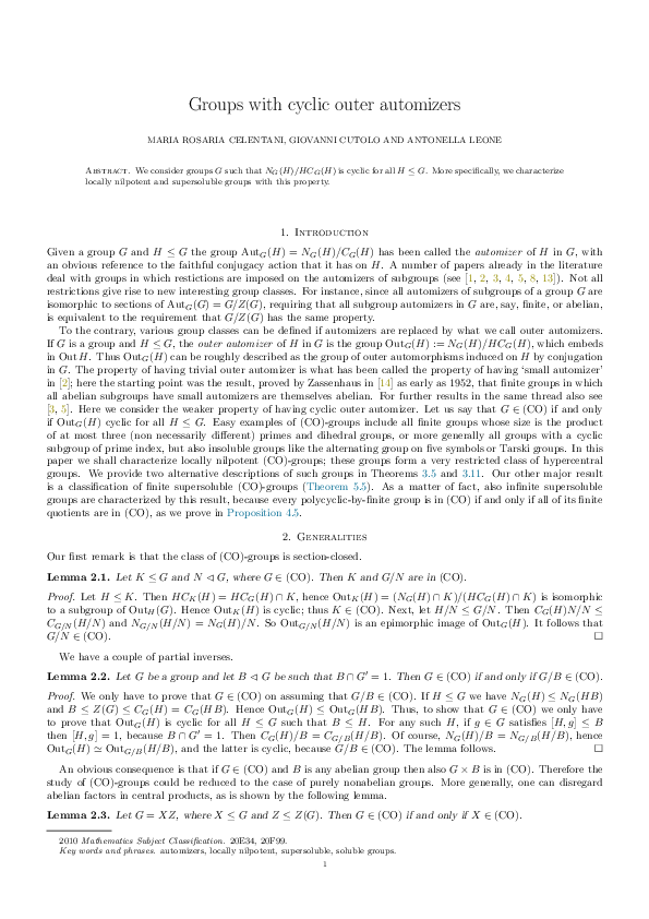 (PDF) Groups with Cyclic Outer Automizers