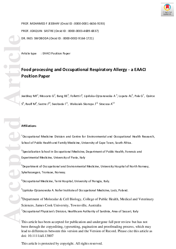 (PDF) Food processing and occupational respiratory allergy‐ An EAACI position paper