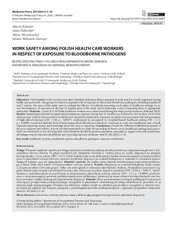 (PDF) Work Safety Among Polish Health Care Workers in Respect of ...