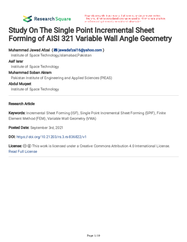 (PDF) Study On The Single Point Incremental Sheet Forming of AISI 321 ...
