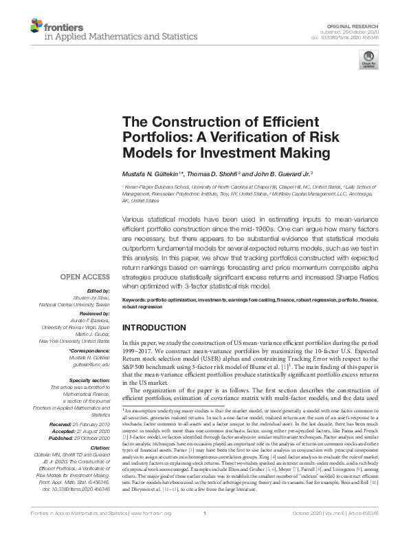 (PDF) The Construction of Efficient Portfolios: A Verification of Risk Models for Investment Making