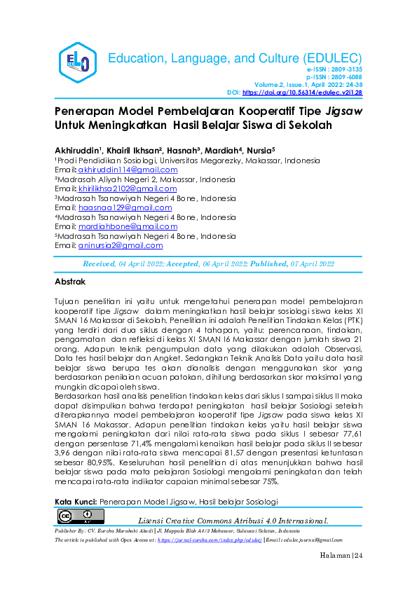 (PDF) Penerapan Model Pembelajaran Kooperatif Tipe Jigsaw Untuk Meningkatkan Hasil Belajar Siswa ...