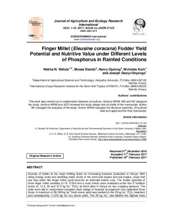 (PDF) Finger Millet (Eleusine coracana) Fodder Yield Potential and ...