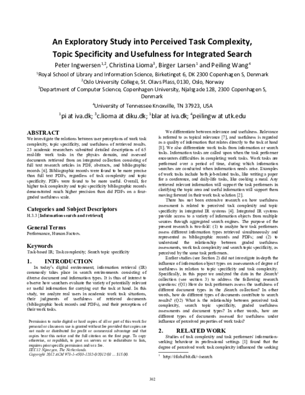 (PDF) An exploratory study into perceived task complexity, topic specificity and usefulness for ...