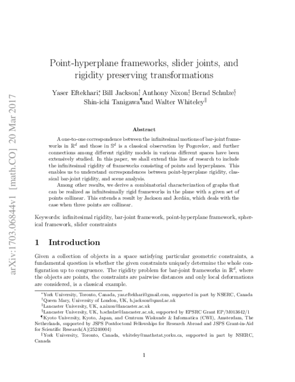 (PDF) Point-hyperplane frameworks, slider joints, and rigidity preserving transformations