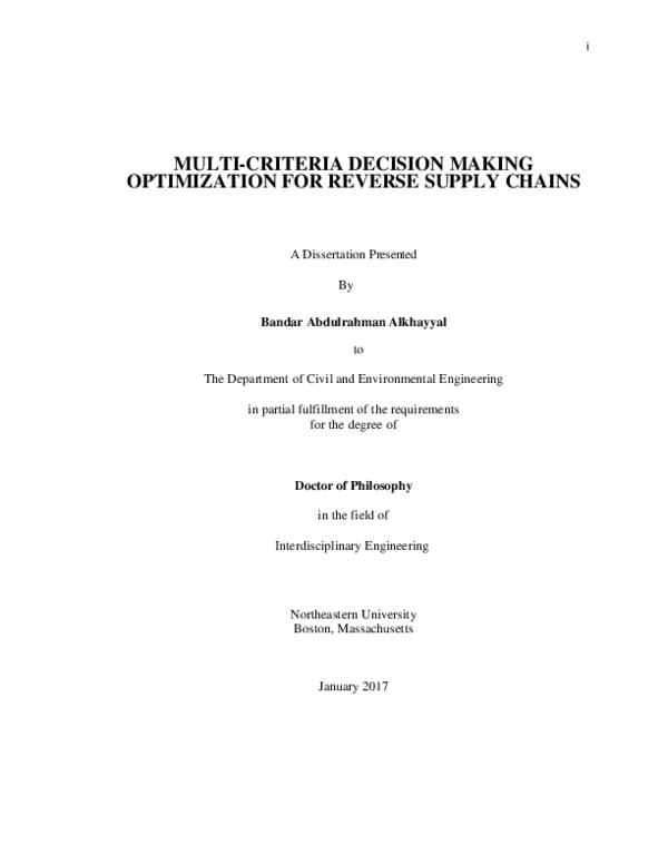 (PDF) Multi-criteria decision making optimization for reverse supply chains