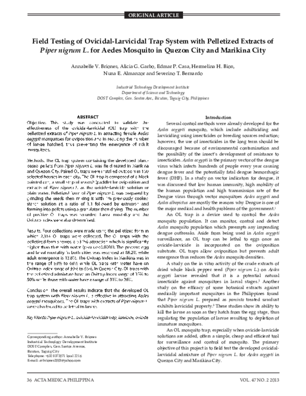 (PDF) Testing of Ovicidal-Larvicidal Trap System for Aedes Mosquito ...