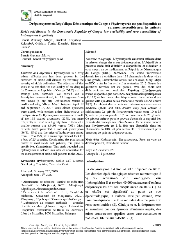 (PDF) Drépanocytose en République Démocratique du Congo : l'hydroxyurée ...