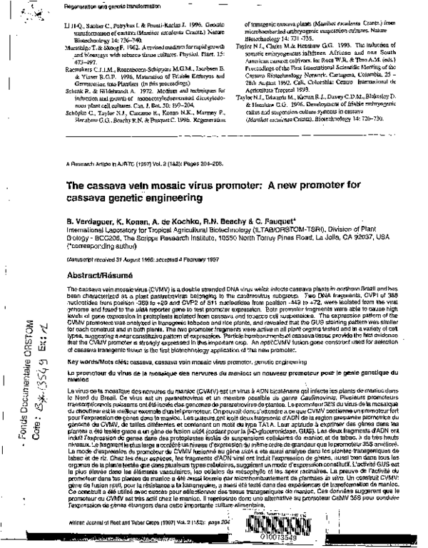 (PDF) The cassava vein mosaic virus promoter: a new promoter for cassava genetic engineering