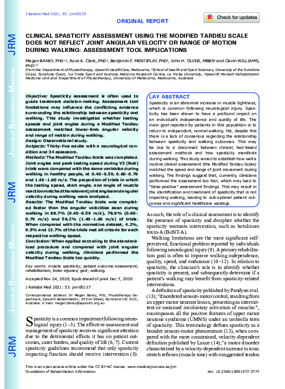 (PDF) Clinical spasticity assessment using the Modified Tardieu Scale ...