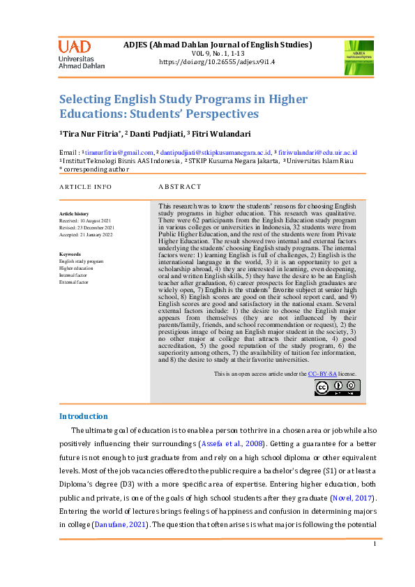 (PDF) Selecting English Study Programs in Higher Educations: Students ...