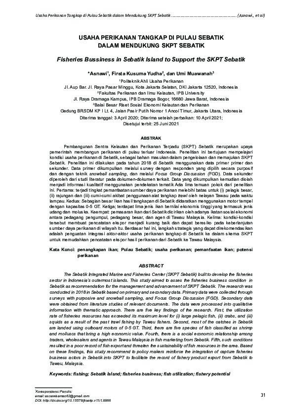 (PDF) Usaha Perikanan Tangkap DI Pulau Sebatik Dalam Mendukung SKPT Sebatik
